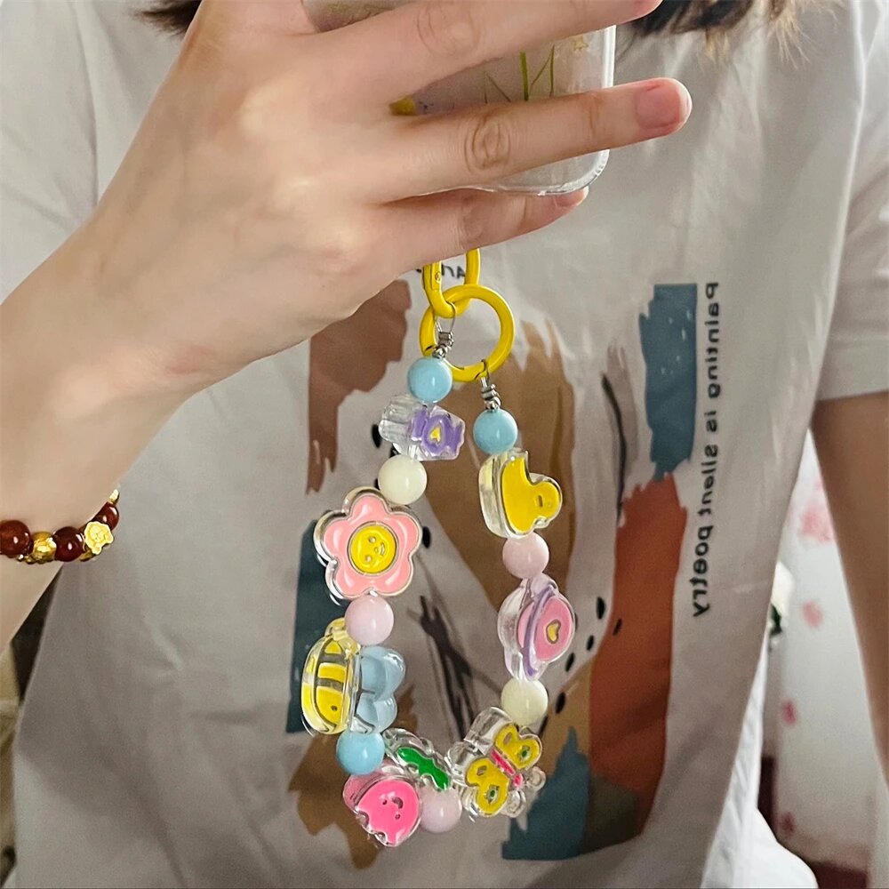Корейский милый мультяшный кулон в виде бабочки, цветка для iPhone, девочки, брелок для телефона, ювелирные изделия, подарки, подвеска, шнур, браслет, шнурок
