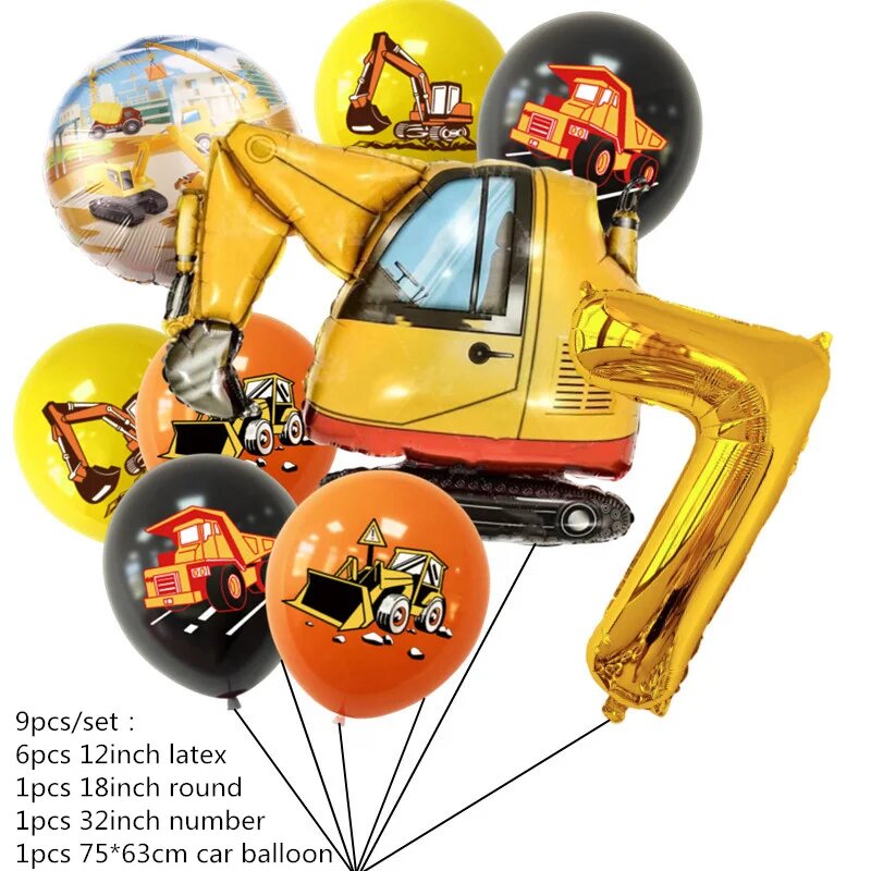 9 шт, латексные шары для строительной машины, экскаватор, кран, воздушные шары с номером для мальчиков, украшения для дня рождения, подарки Sup