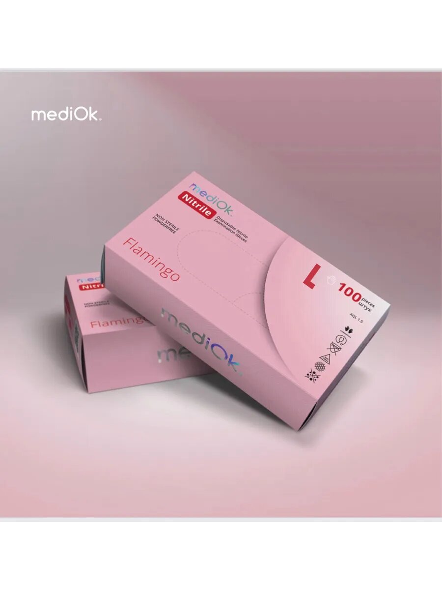 Перчатки нитриловые mediOk, розовый Flamingo, размер L, 50 пар
