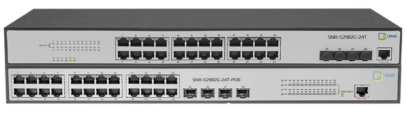 Управляемый гигабитный POE коммутатор SNR SNR-S2982G-24T-POE-E уровня 2, 24 порта 10/100/1000Base-T с поддержкой PoE, 4 порта 100/1000BASE-X (SFP), бюджет POE 370W
