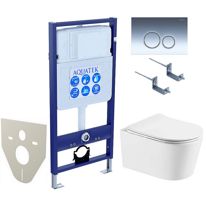 Комплект унитаза с инсталляцией Aquatek Set Aquatek Оберон T KDI18 с сиденьем Микролифт и клавишей смыва Хром глянцевый