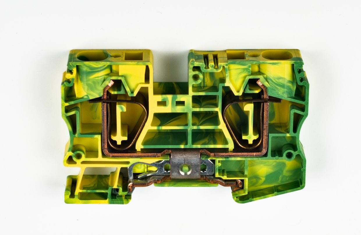 Клемма заземления пружинная DINKLE AK16-PE, 1.5~16 mm2, на дин рейку, проходная, цвет желто-зеленый