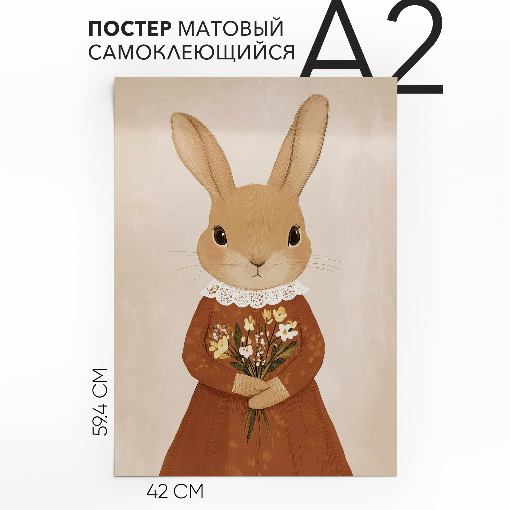 Интерьерные постеры на стену, детский, большой A2 Зайчик, влагостойкий, для декора