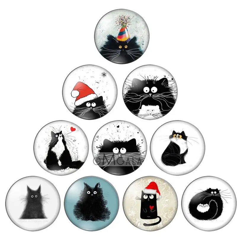 OMGALA Круглые стеклянные кабошоны с мультяшными черными кошками 10 шт. 16 мм, Mix