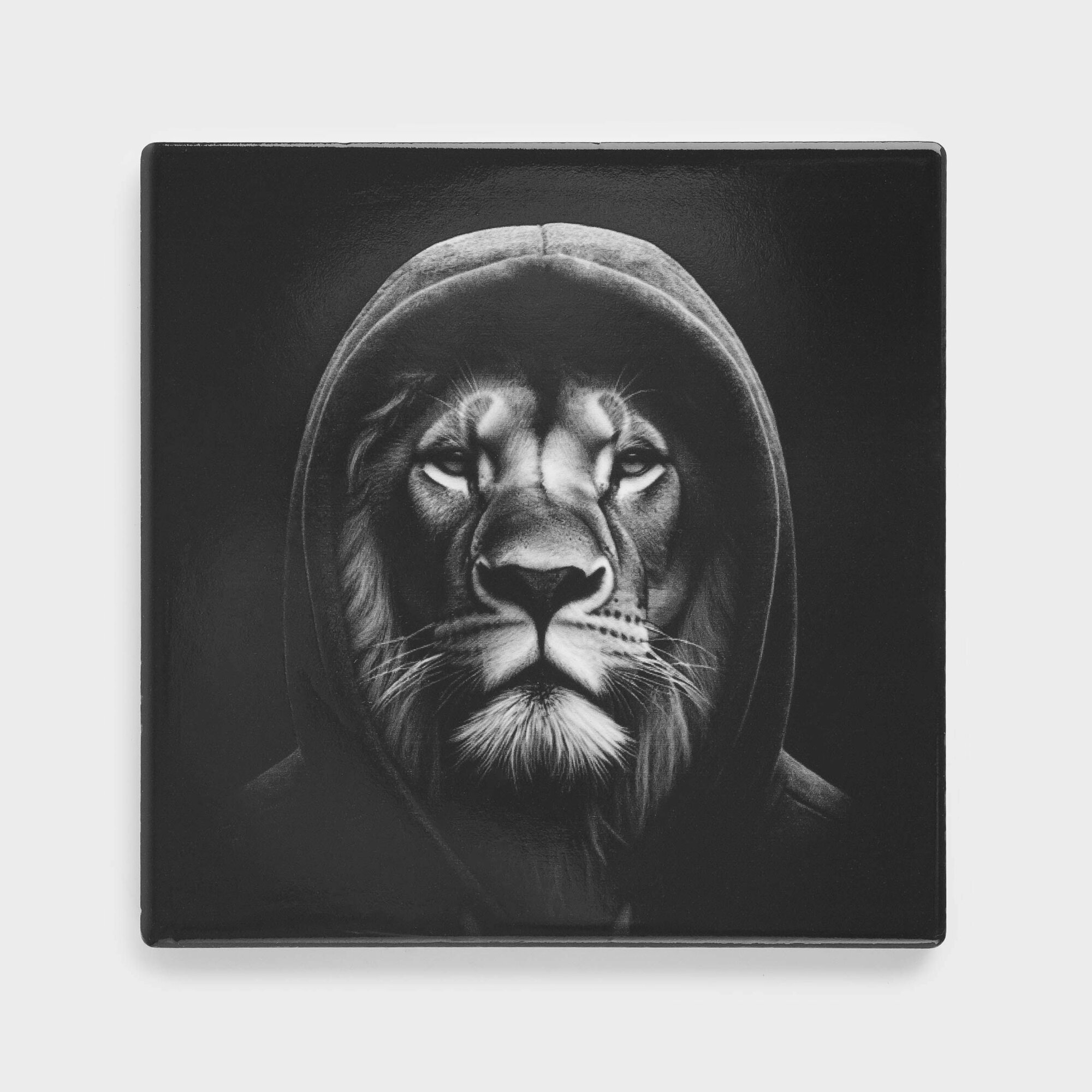 Подставка под кружку, 11х11 см, квадратная, керамика/пробка, черная, Лев, Brutal style