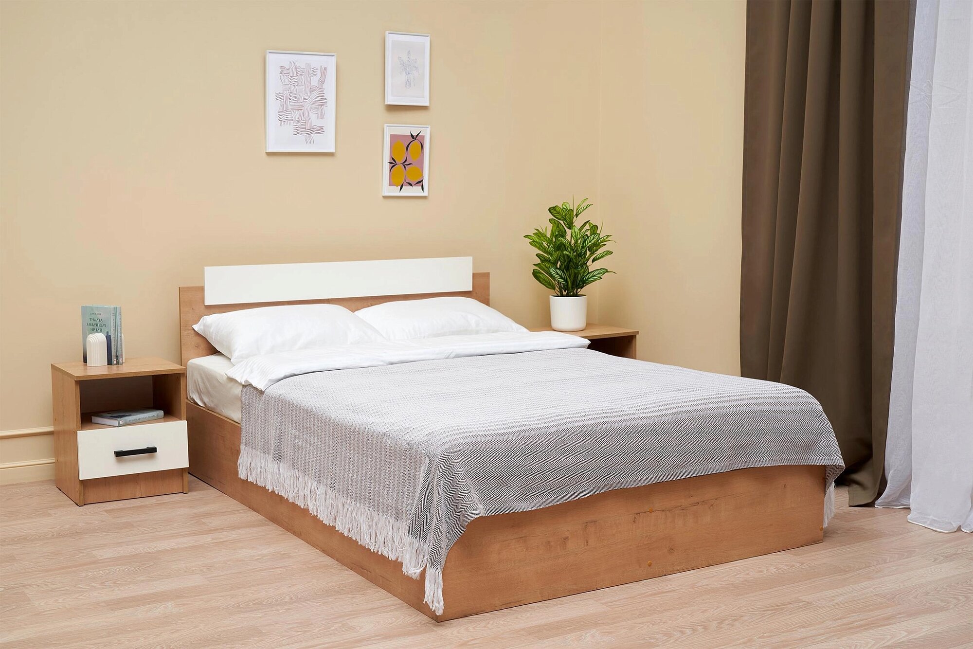 Кровать Эра Эко, двуспальная, ЛДСП, белый гладкий, дуб вотан, 160x200 см