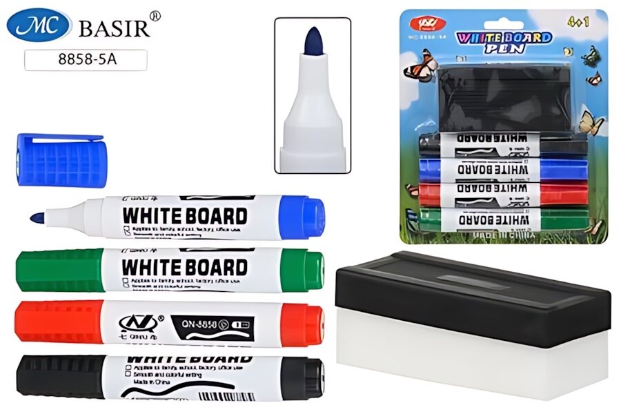 Набор маркеров Basir для доски, 4 шт, с губкой, в блистере (8858-5А)