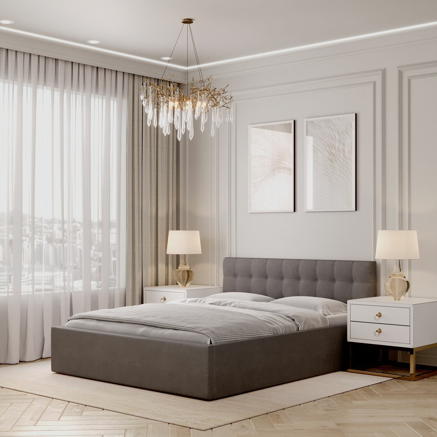 Кровать с матрасом 160х200 двуспальная с ортопедическим основанием, темно-серая