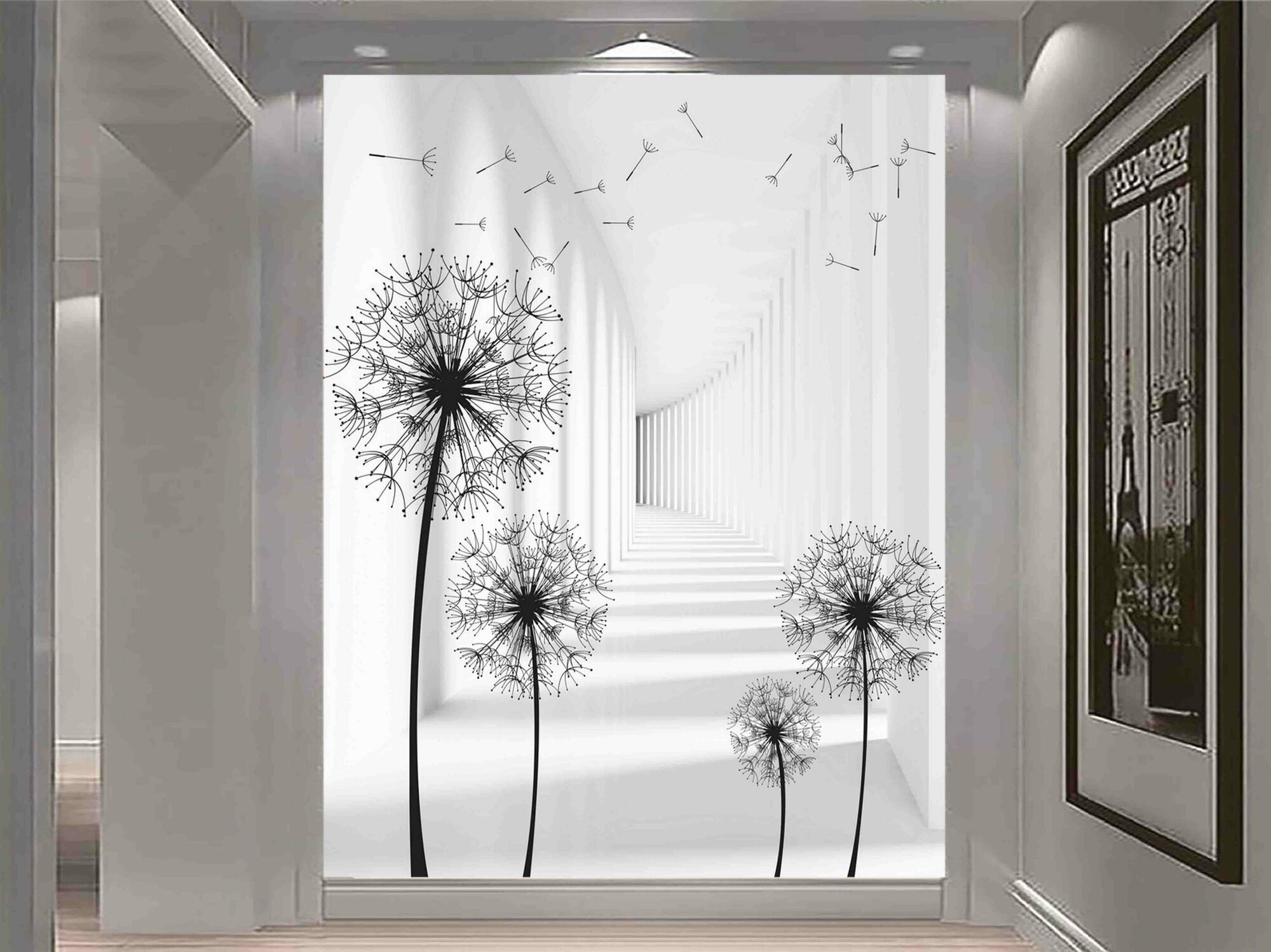 Фотообои на стену антивандальные 200х270см Одуванчики в сером тоннеле винил на флизелине