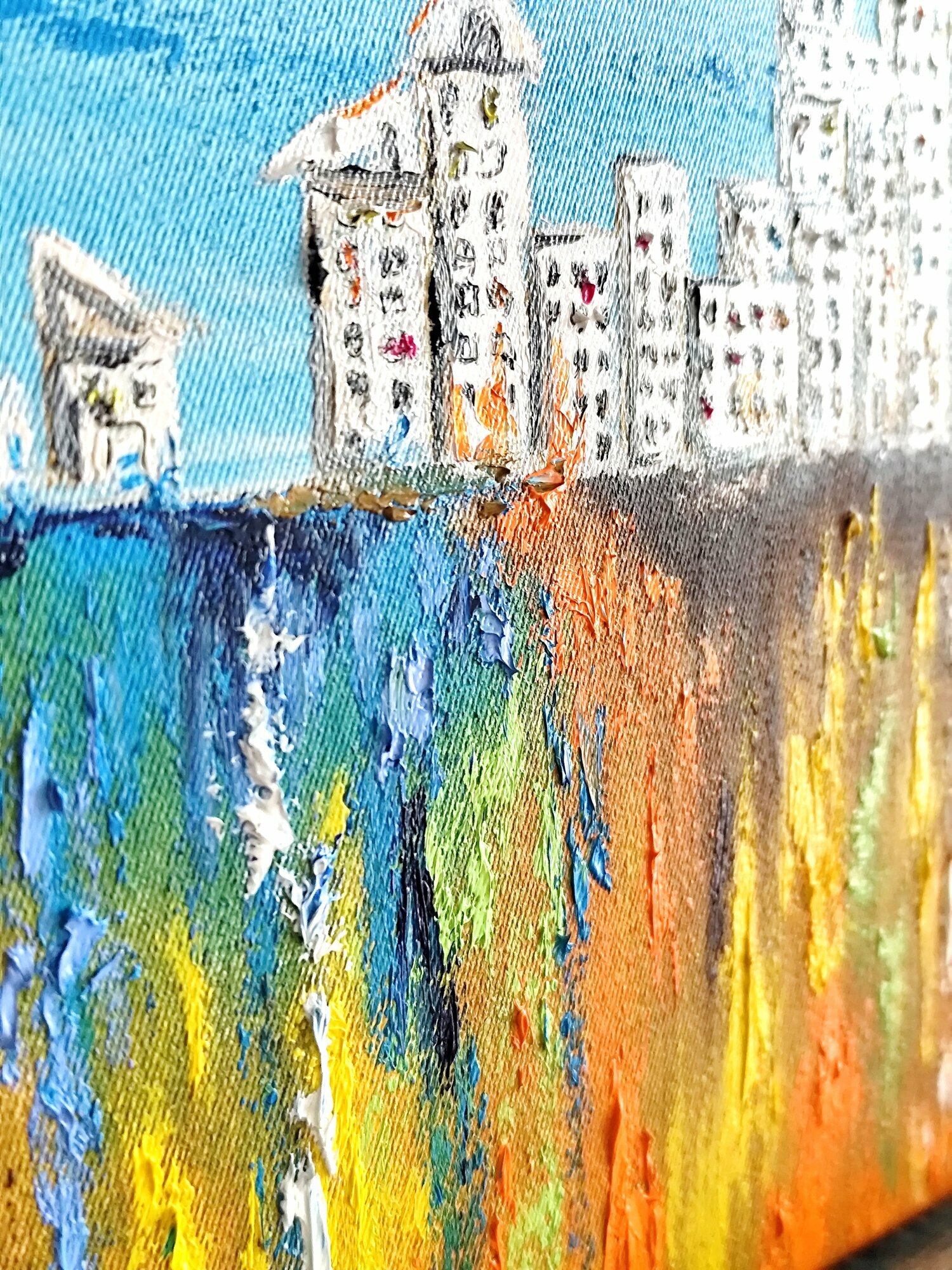 Картина "Мой город", холст 30x90см, масло, живопись, абстракция, ручная работа, интерьерная картина — фото 1