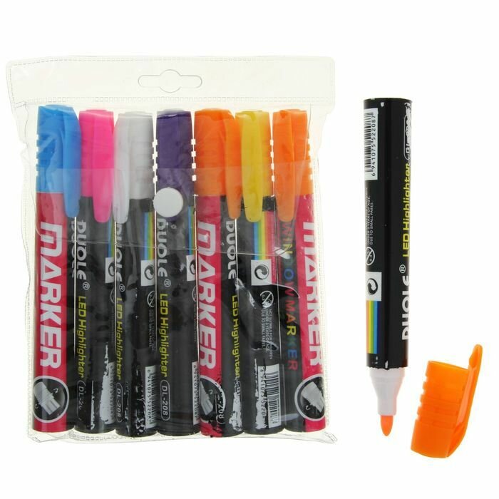 Меловые маркеры КНР для стекла, 7 цветов, LED 1403252
