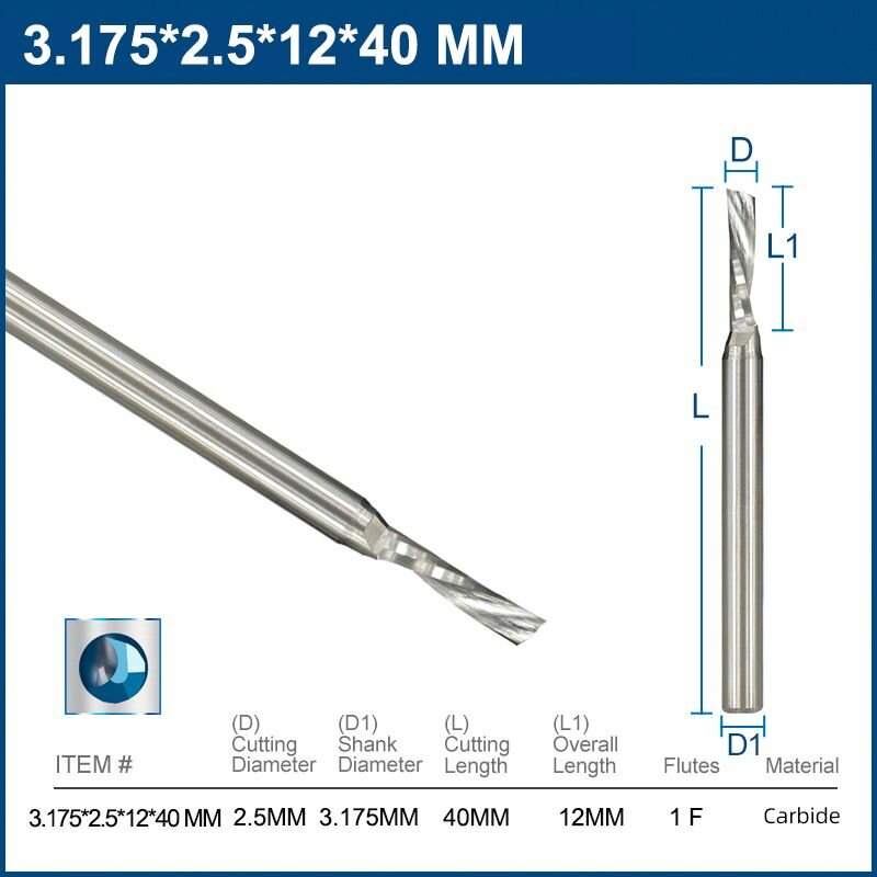 Фреза спиральная однозаходная XCAN, 3,175х2,5х12х40 мм, по дереву, левая