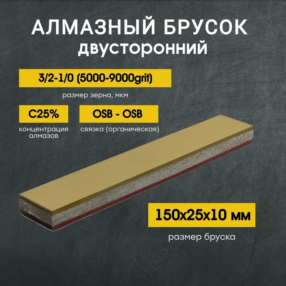 Алмазный 2-х сторонний брусок VID 150x25мм С25% 3/2-1/0 OSB (5000-9000grit)