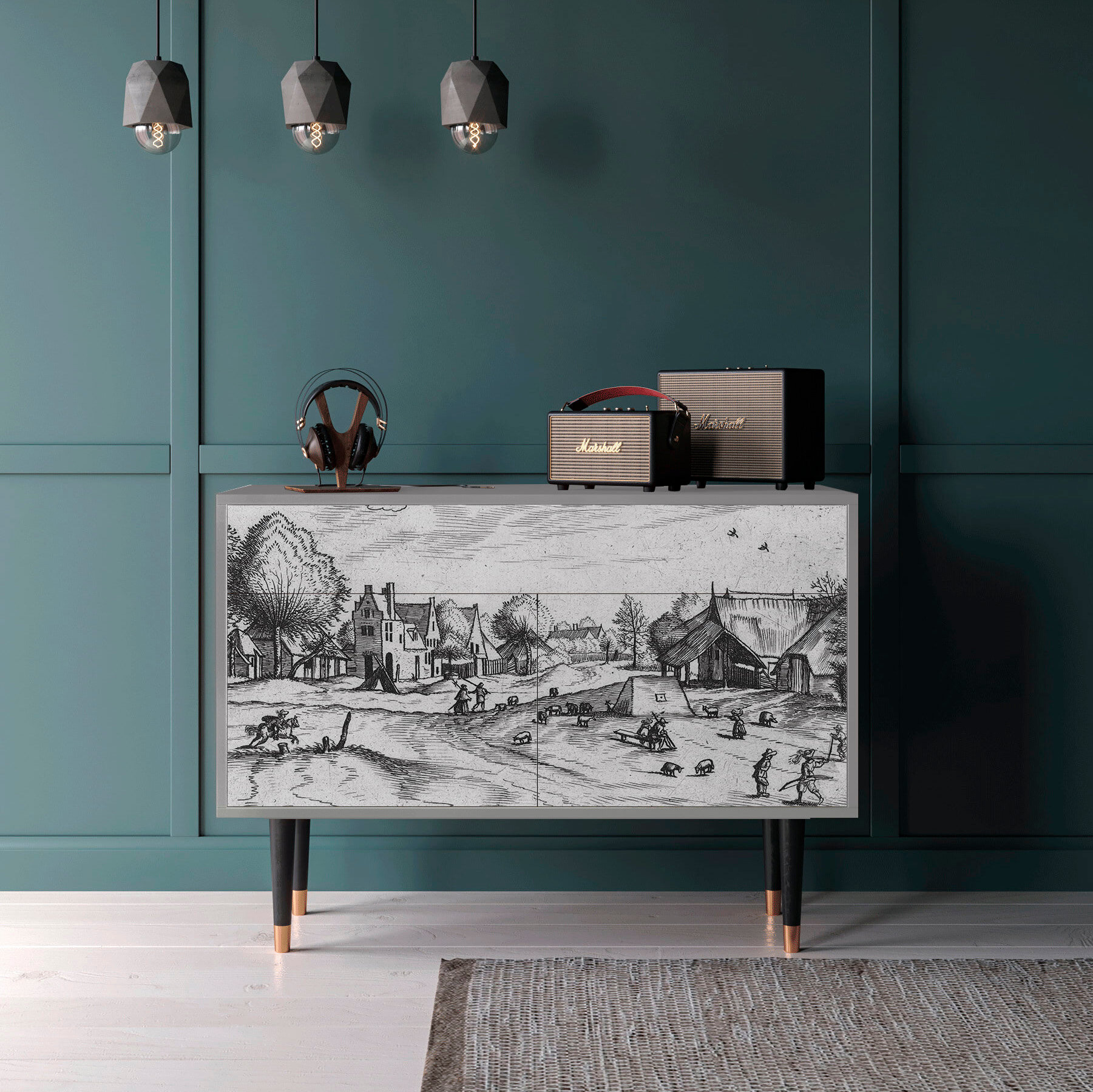 Комод - STORYZ - BS4 Country Village With Sheep by Pieter Breugel, Размер - 115 x 85 x 48 см, Цвет корпуса - Серый