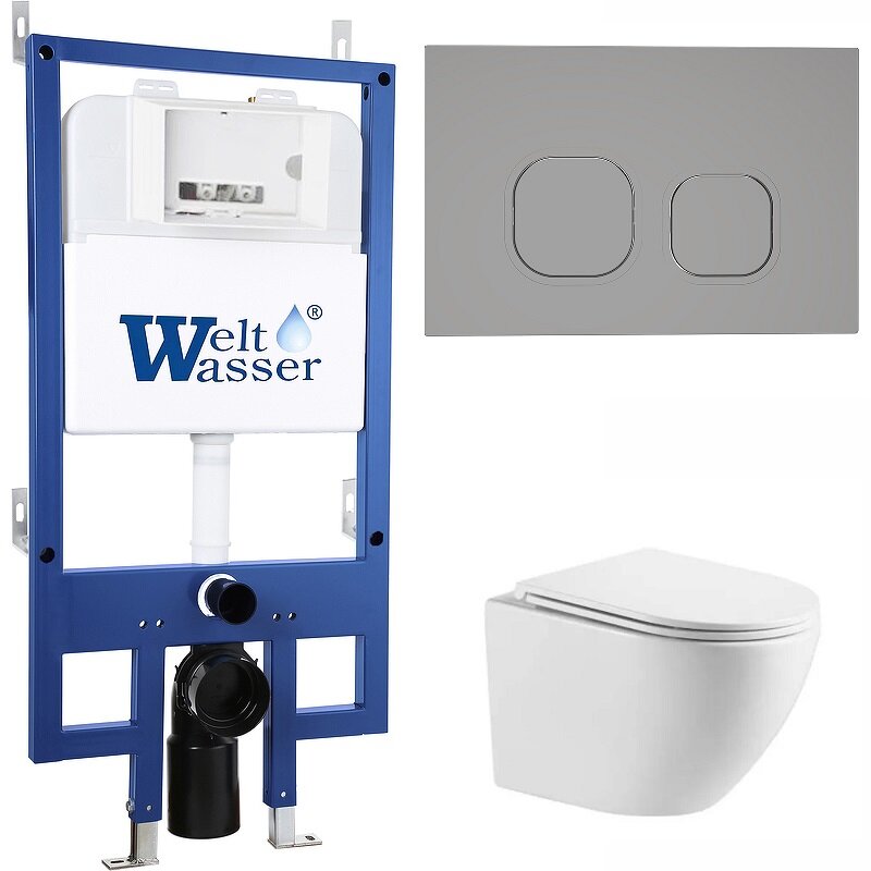 Унитаз подвесной WeltWasser BAMBERG 545+MERZBACH 043 XL GL-WT+BAMBERG CR белый/кнопка хром, безободковый, с крышкой микролифт, с инсталляцией, слив торнадо