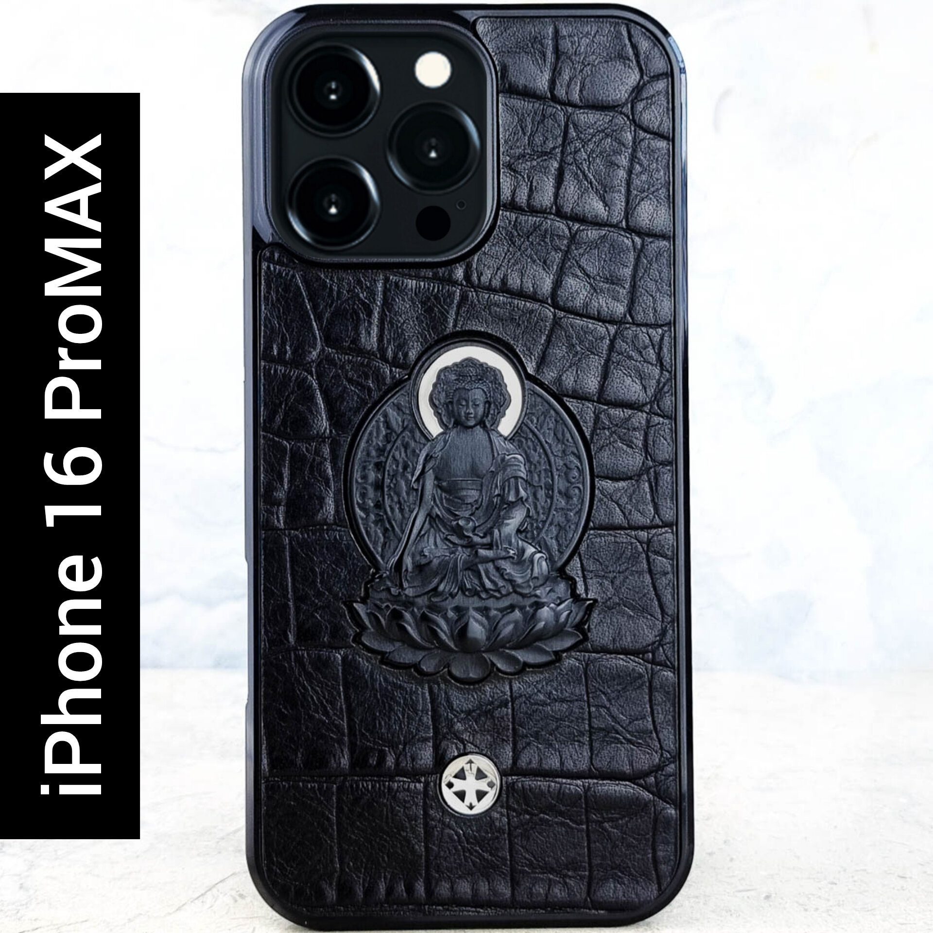 Чехол iPhone 16 Pro Max / Euphoria Supreme Buddha CROC - натуральная кожа, Будда, металл, премиальная коллекция
