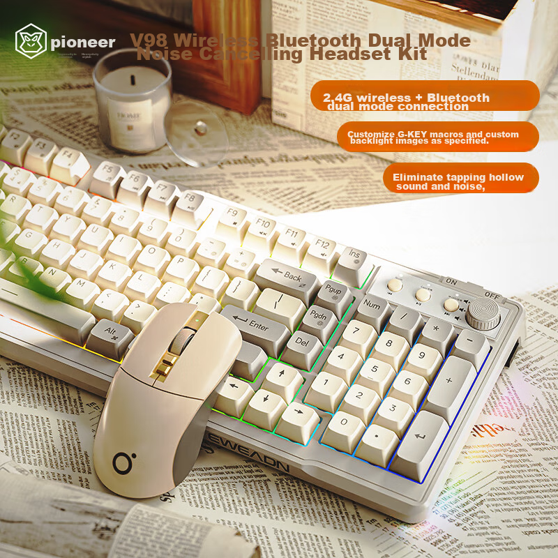 Qianxingzhe V98 Wireless Keyboard And Mouse Set, Bluetooth Dual-Mode, Mechanical Feel, Silent, Office Portable, High Aesthetic Value, Membrane Keyboard, Compatible with Computers, Laptops, Tablets, IPad, Cream Gray
