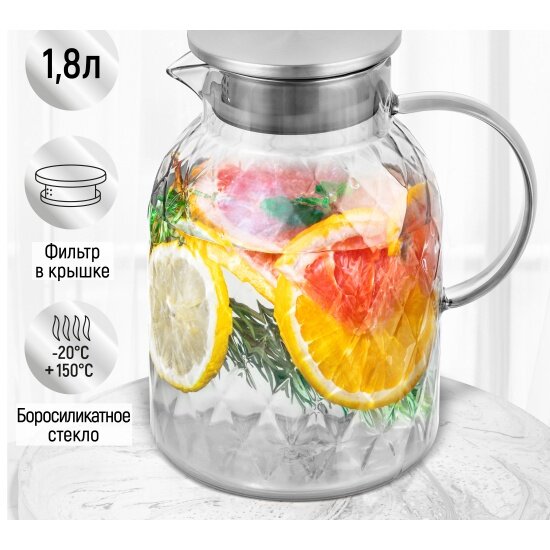 Кувшин Elan Gallery "Crystal glass" 18*13*19,5 см, 1,8 л, серебро, с металлической крышкой с фильтром, боросиликатное стекло (360151 Elan)
