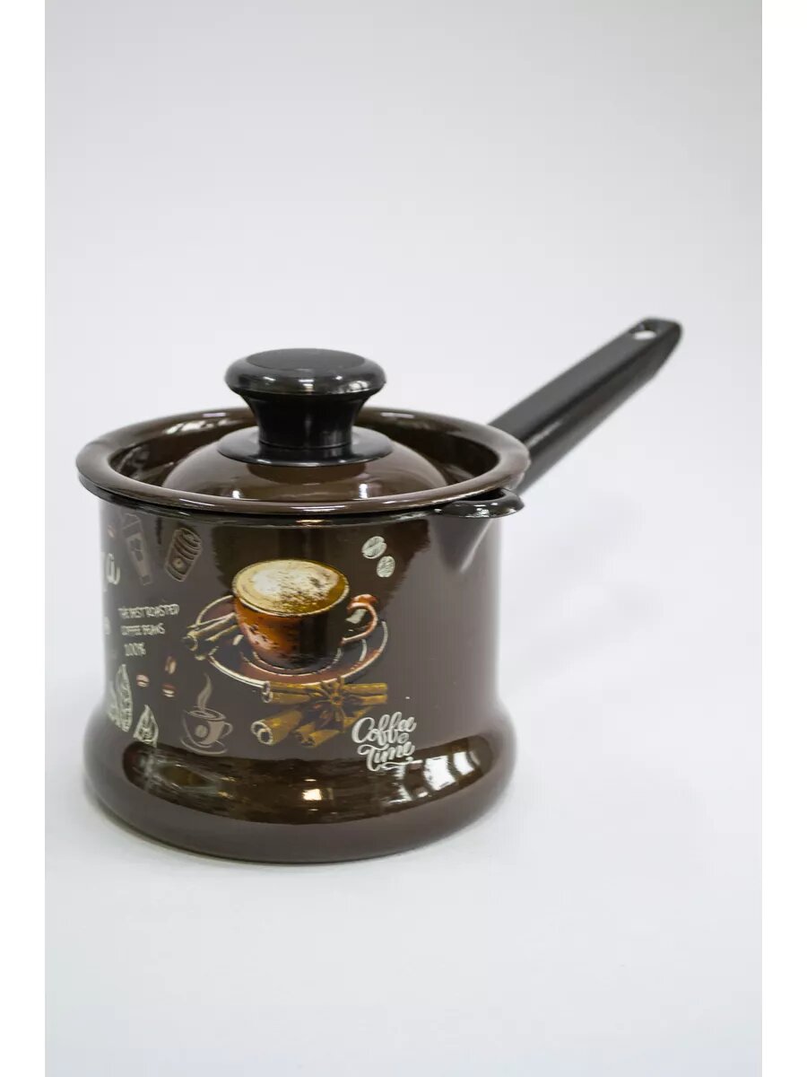 Ковш эмалированный 1 л. с крышкой, темно-коричневый