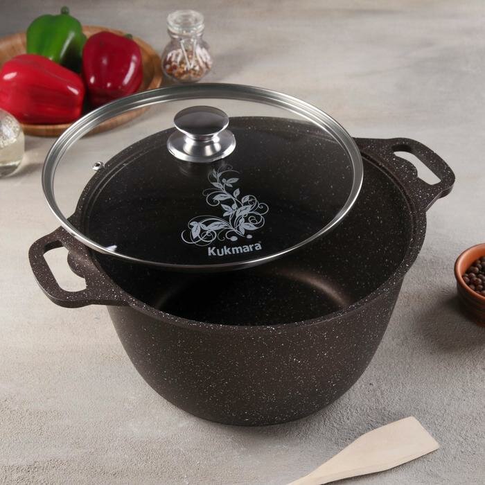 Кастрюля Kukmara 6 л, стеклянная крышка, антипригарное покрытие, кофейный мрамор