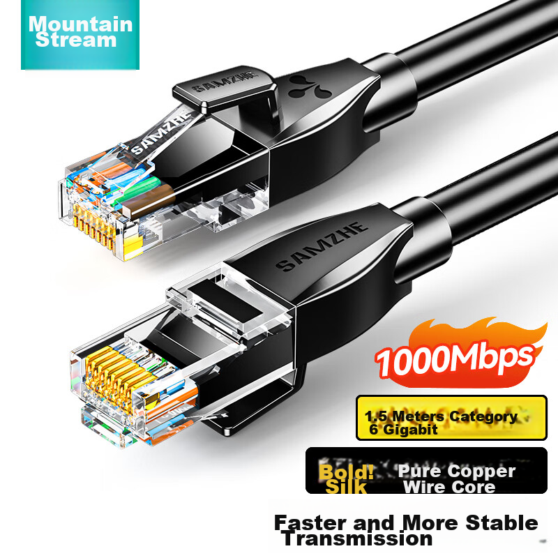 SAMZHE CAT6 Gigabit Pure Copper Ethernet Cable, Finished Product for Computer/Home/Internet Connection, Black 1.5 Meters HCT15