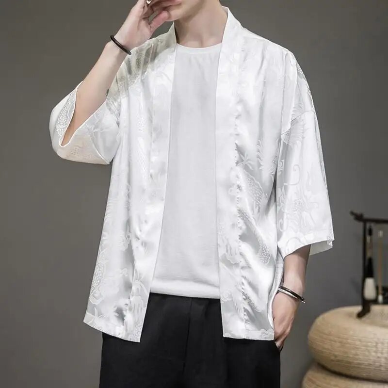 Мужской сатиновый халат с принтом дракона, белый, L