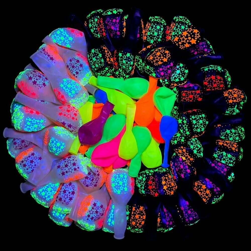 Неоновые воздушные шары 120 шт для вечеринок, свадеб и дней рождения, 12 дюймов, светящиеся в темноте, резиновые, набор черных, прозрачных и разноцветных шаров с неоновым эффектом