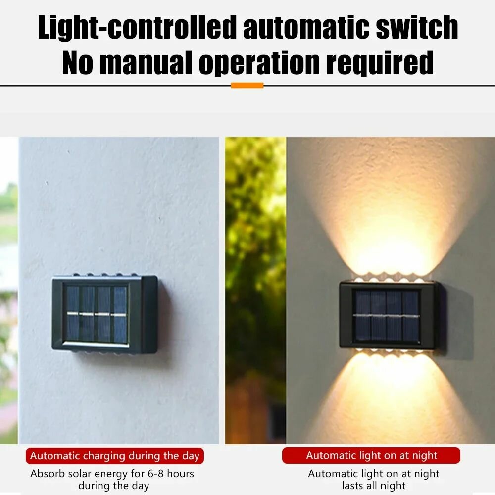Уличный светильник, 8 LED, IP65, настенный, датчик освещения, чёрный матовый, 10х5.7см