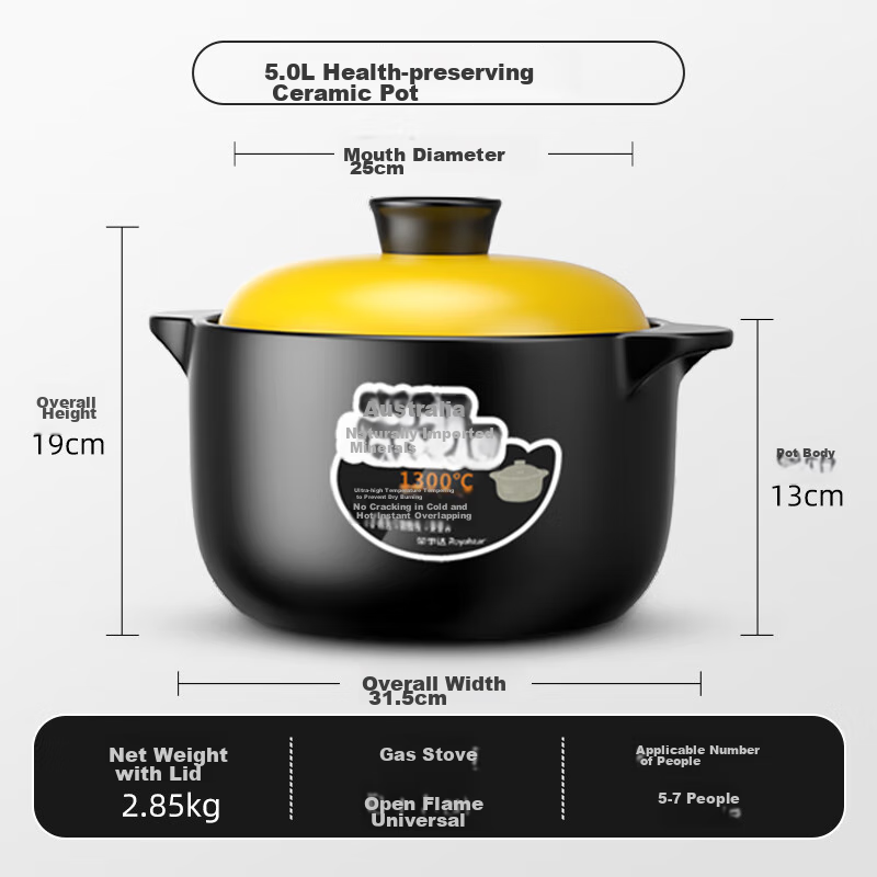 Royalstar Ceramic Casserole Pot for Soup, Medicinal Decoction, Porridge, Rice, Stewing, Home Use, Clay Pot, Health-Preserving Soup Pot 5L