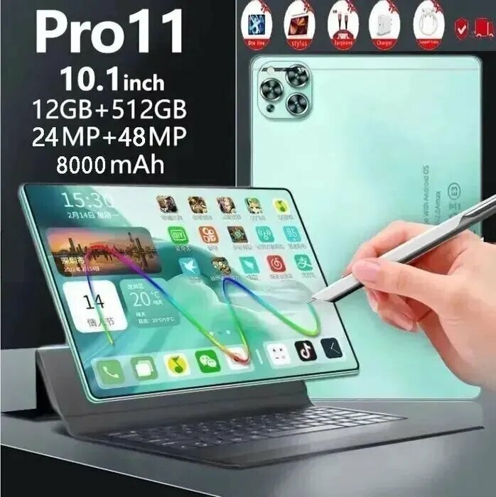 Планшет андроид 11 Pro/8000 мАч 12 ГБ+512 ГБ графический для компьютера, 10.1" 512 ГБ/512 ГБ, зеленый