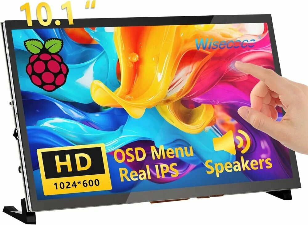Wisecoco Пиксельный экран Сенсорный монитор для Raspberry Pi, 10.1' IPS LCD экран 1024 * 600 Smooth Touch, встроенные двойные динамики, HDMI вход, совместим с Raspberry Pi 5/4/3/Zero, простая настройка без драйверов (10.1 дюйма), черный матовый