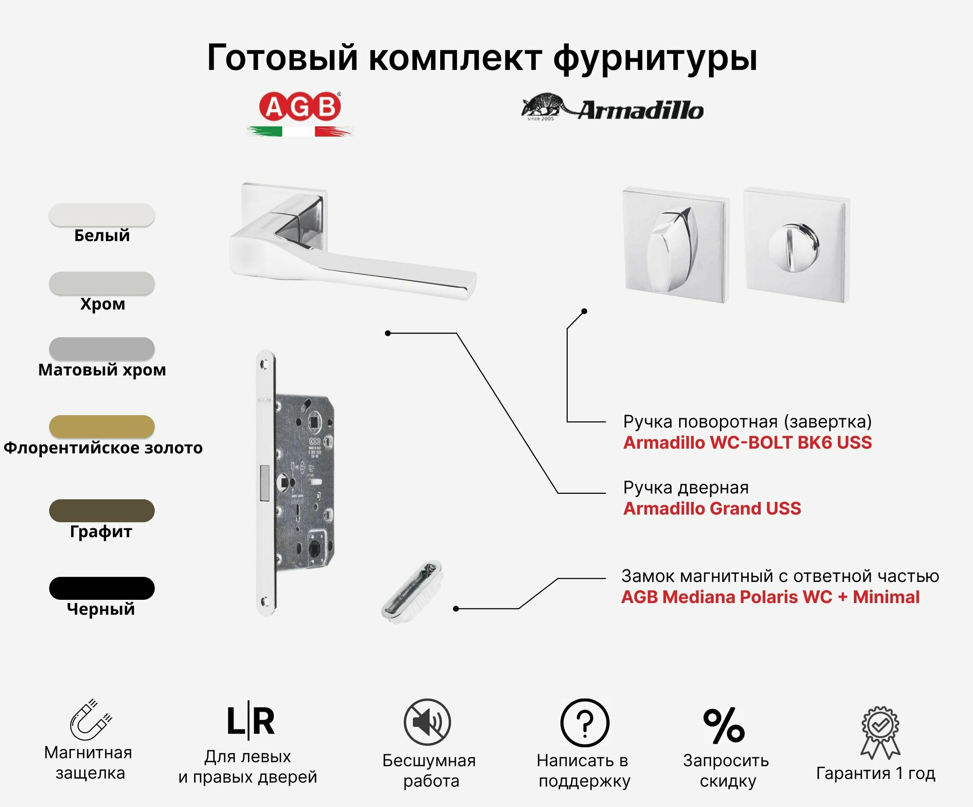 Комплект Ручка дверная Armadillo GRAND USS CP-8 + Замок магнитный бесшумный AGB Mediana POLARIS + Ручка поворотная завертка WC-BOLT BK6 USS CP-8, Хром