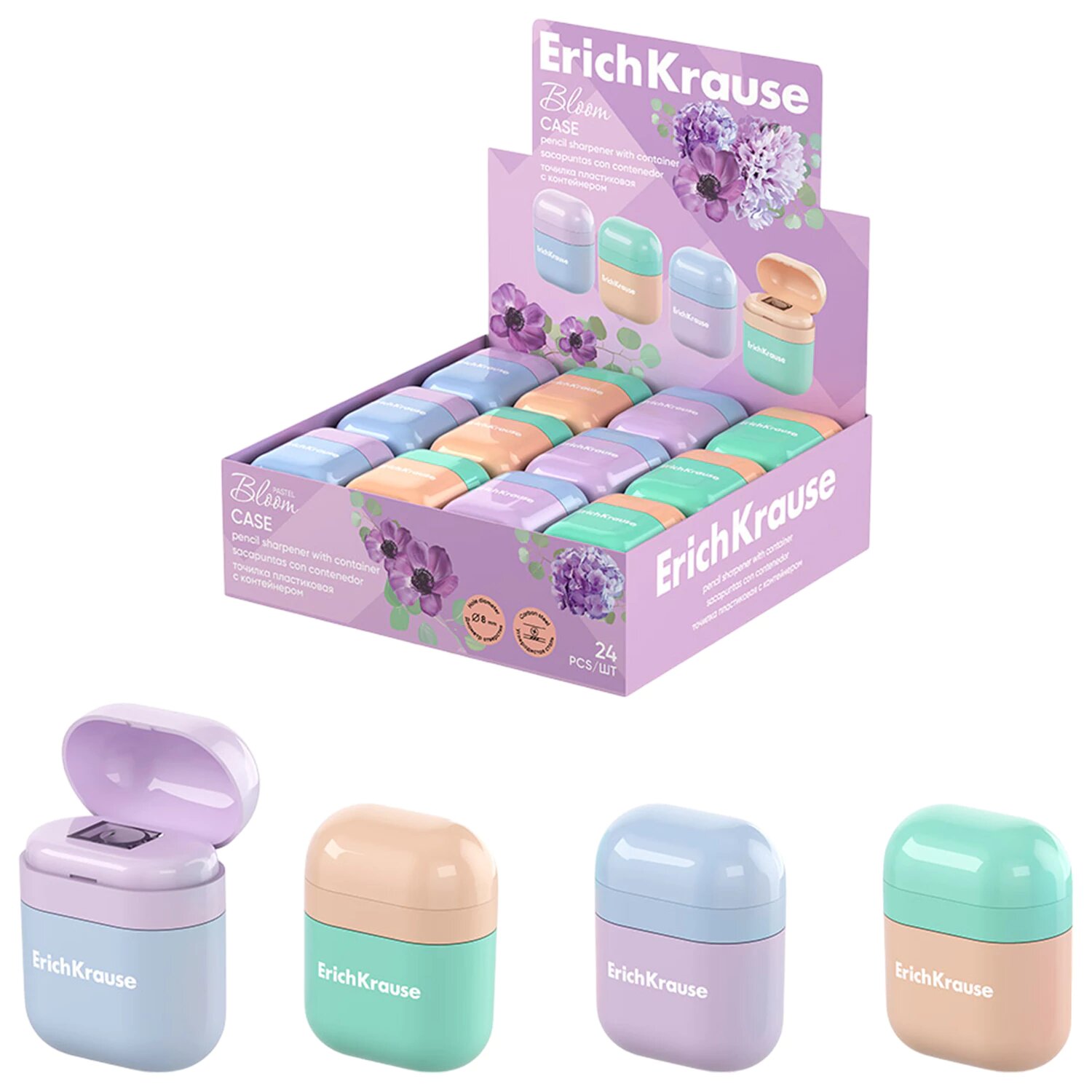 Точилка ERICH KRAUSE "Case Pastel Bloom" с контейнером, пластиковая, корпус ассорти, 60039 (упаковка 24 шт.)