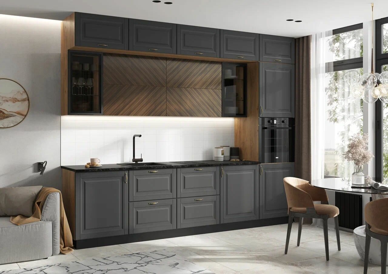 Кухня Престиж 3 м №2 Графит софт, Прайм Орех, корпус - Дуб Крафт