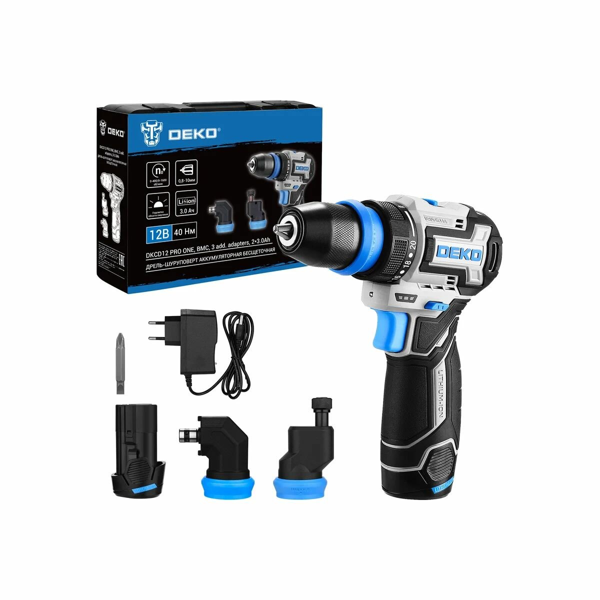 Дрель-шуруповерт DEKO DKCD12 Pro One (085-1320) бесщеточная в кейсе, с 3 насадками, 12В, 2x3.0Ач