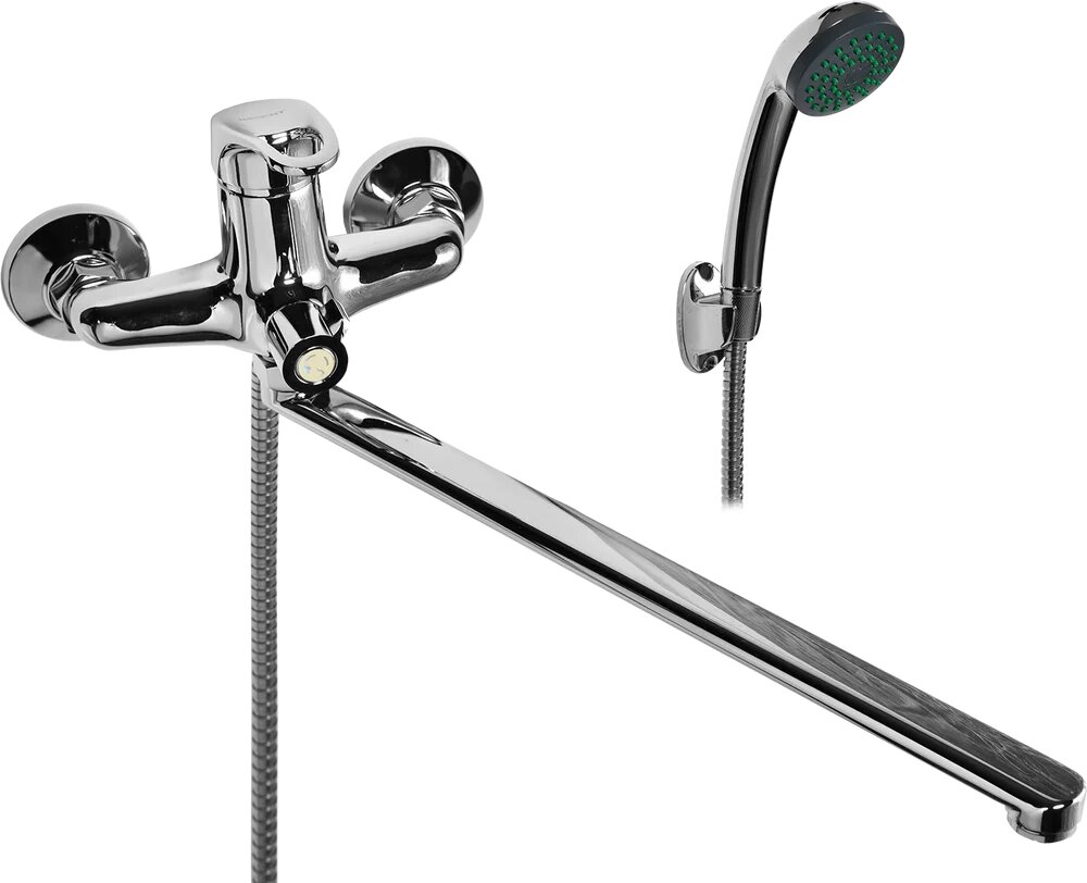 Смеситель с длинным изливом для ванны Wisent W22215 с душевым гарнитуром, поворотный, металлический, хром, глянцевый, смеситель для ванны с душем, рычажный, с настенным держателем
