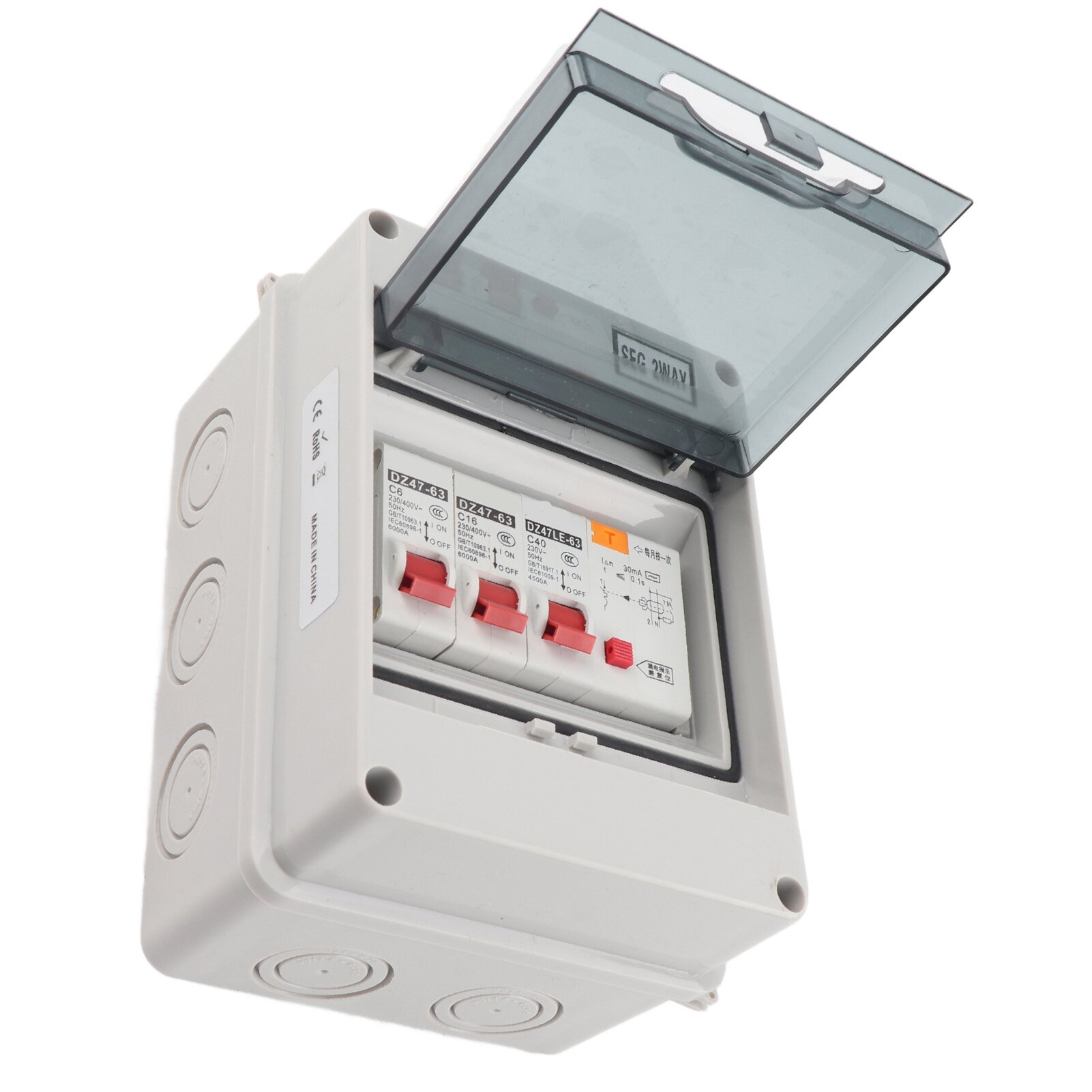 Двухпозиционный распределительный щит для гаража/каравана, 40А 30мА, УЗО, 2 автоматических выключателя, 6А/16А