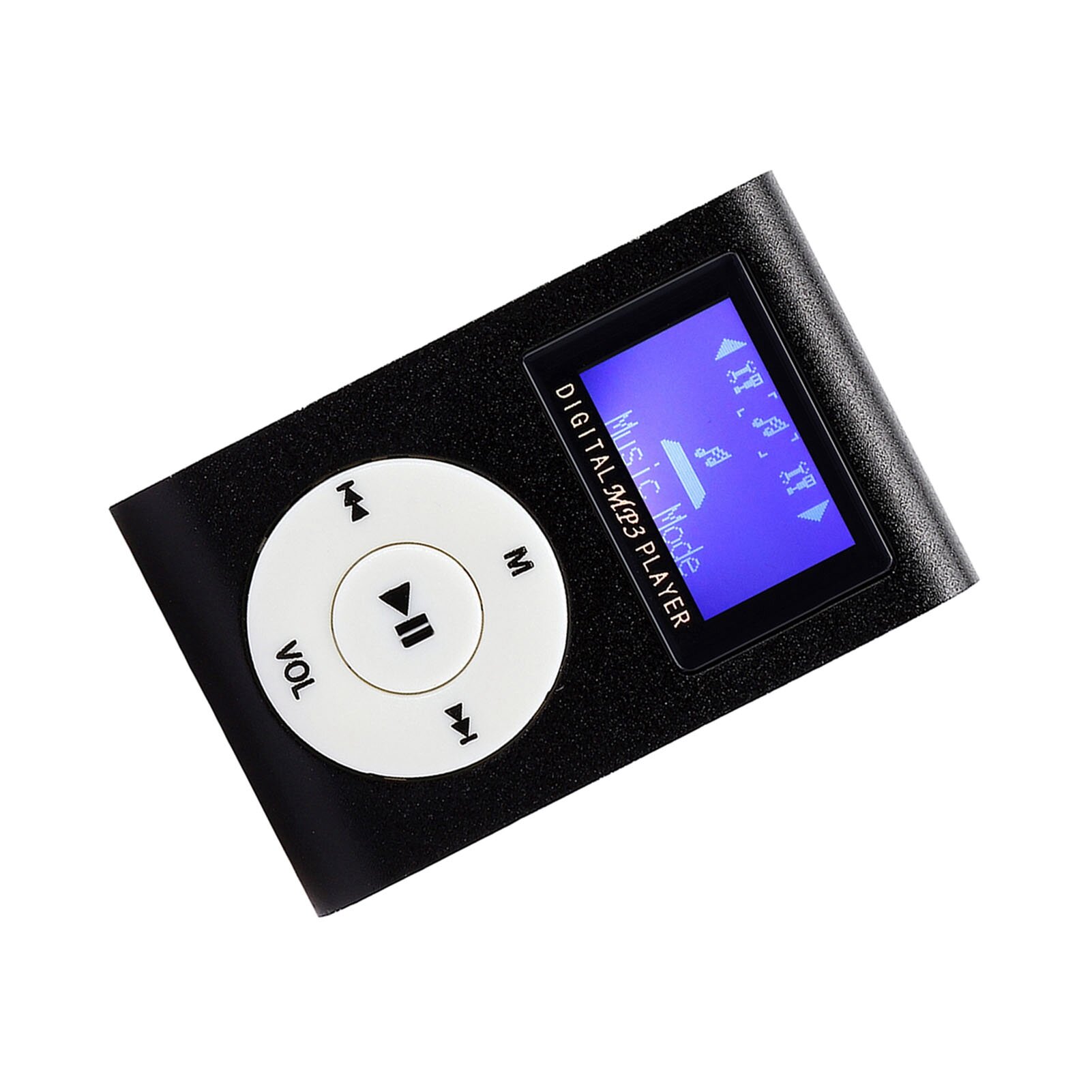 Мини портативный MP3 плеер с LCD экраном 0.8 дюйма, металлическим клипом, поддержкой карты памяти, 3.5мм гарнитурой, USB 2.0, кнопочным управлением, черно-белым экраном, разрешением 320x240, батареей 110 мАч, время работы 3 ч, в комплект входят MP3