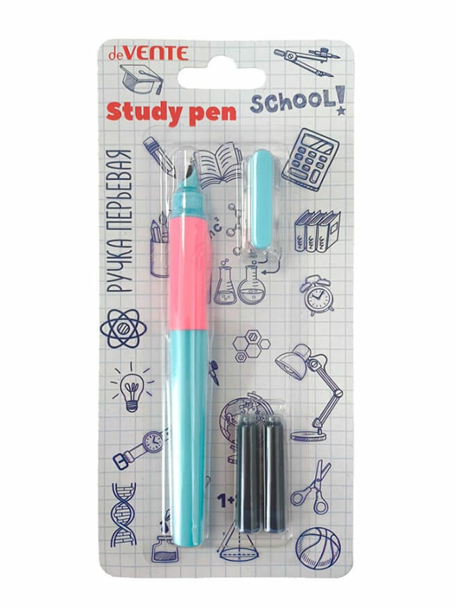 Ручка перьевая с держателем deVente "School. StydyPenr", перо тонкое F, в комплекте с 3-мя баллончиками, цвет чернил синий, цвет корпуса мятный