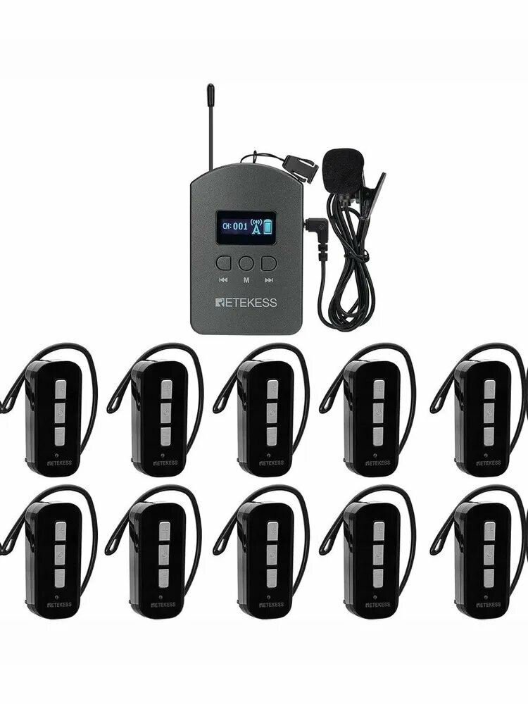 Конференц-микрофон, радиогид система на 10 экскурсантов,1 шт Передатчик TT112 и 10 шт TT111 Приемник RETEKRSS для туризма
