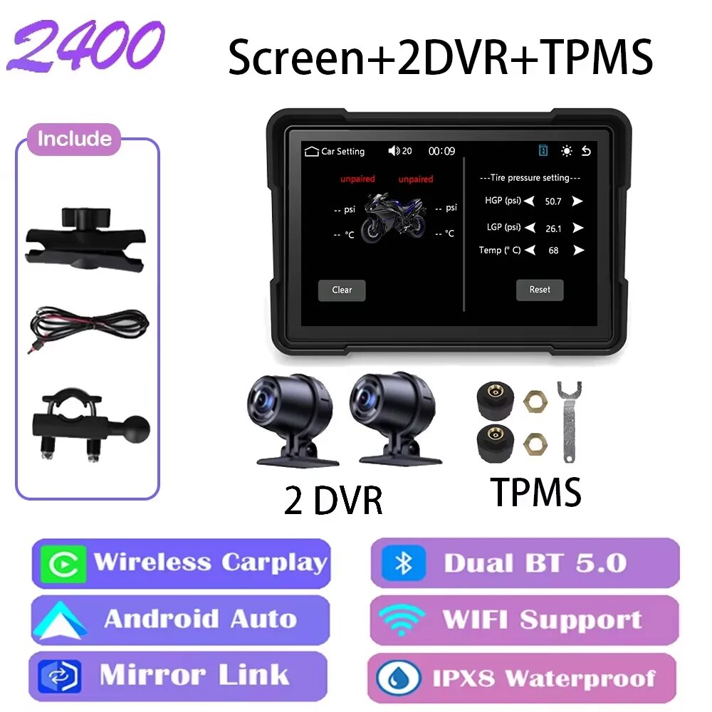 Беспроводной CarPlay Moto 5-дюймовый портативный цифровой мотоцикл приборная панель GPS-навигация экран Android авто монитор, TPMS and DVR