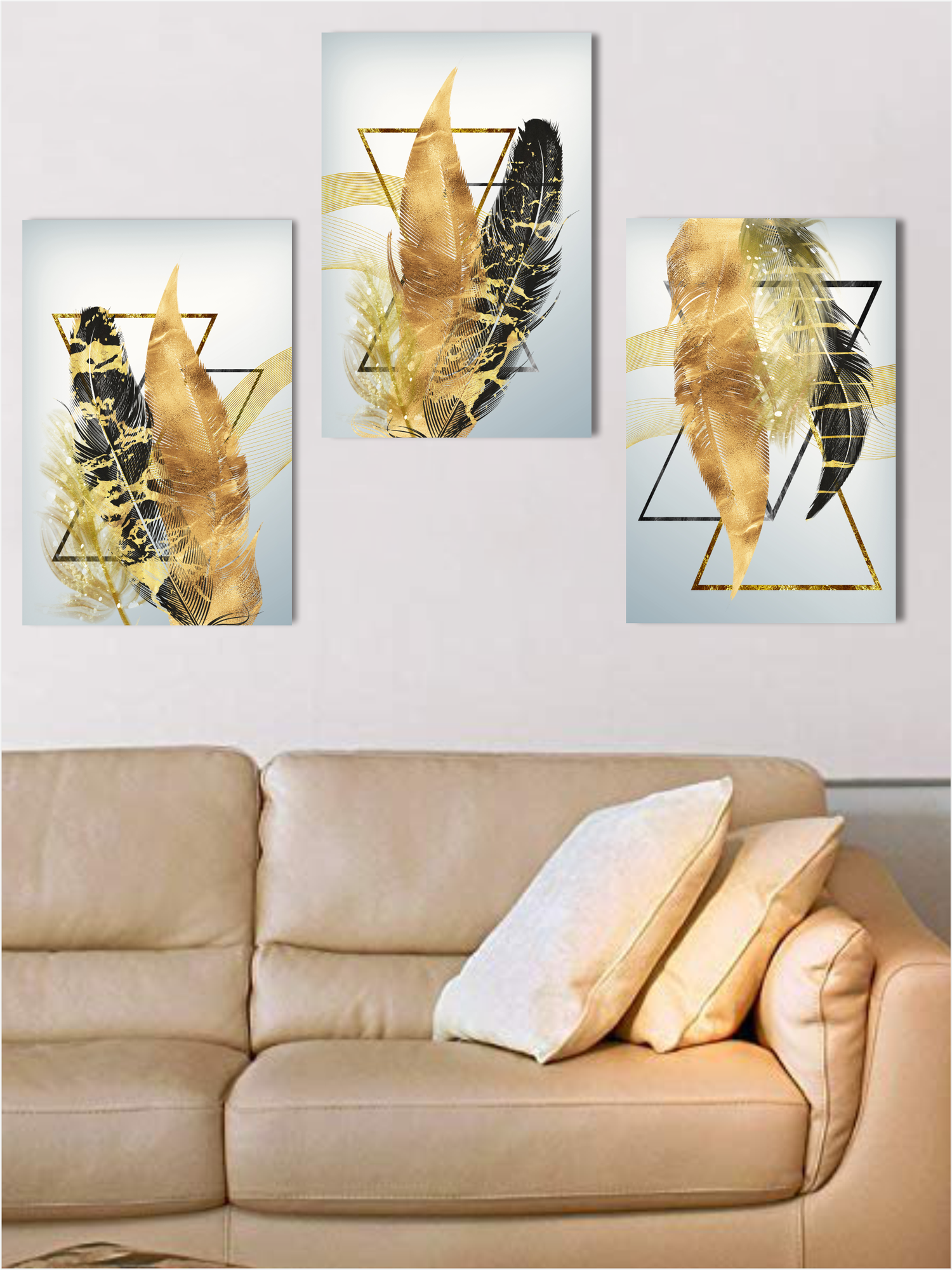Модульная картина для интерьера на стену, Золотые перья в треугольниках 40х60 см - 3 штуки холст на подрамнике