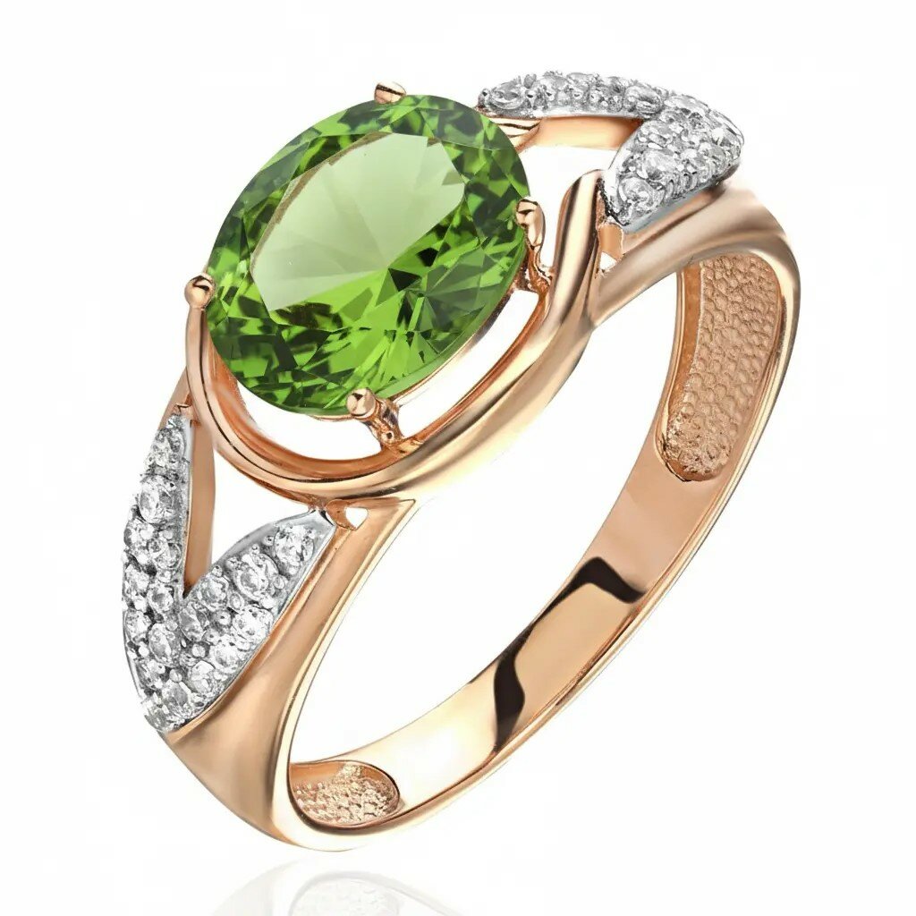 Кольцо, красное золото, 585 проба, фианит, хризолит