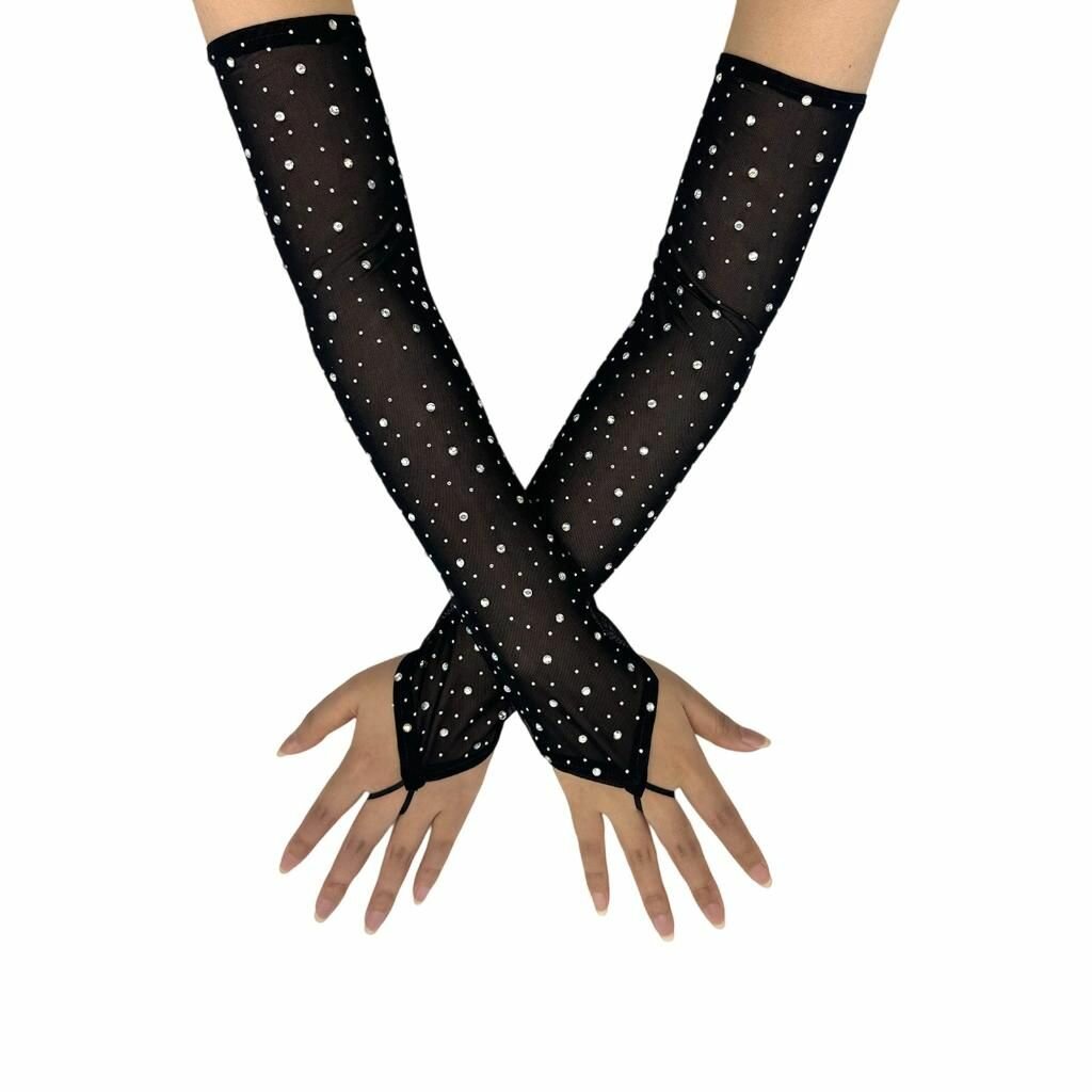 Ажурные длинные перчатки со стразами, Черный
