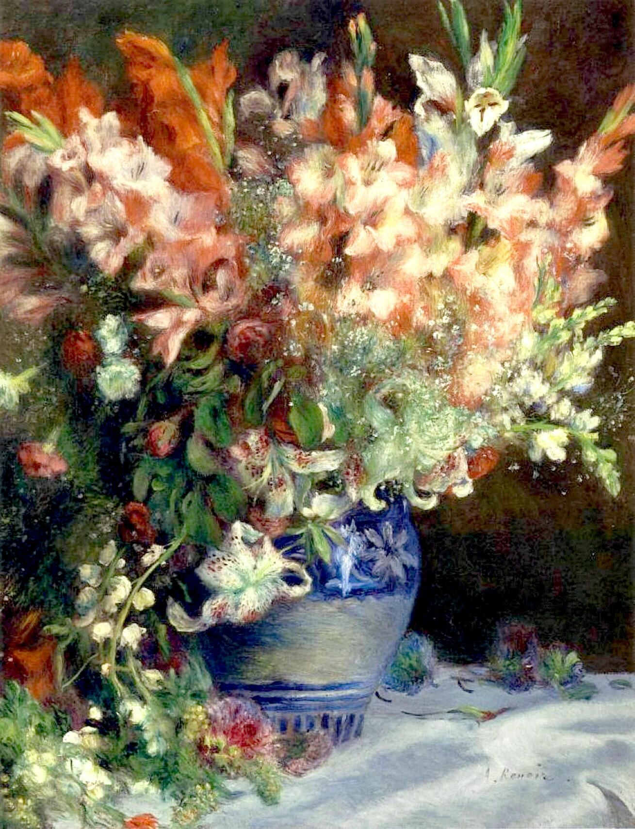 Картина Ренуара Огюста Гладиолусы в вазе 1874 47х60 см