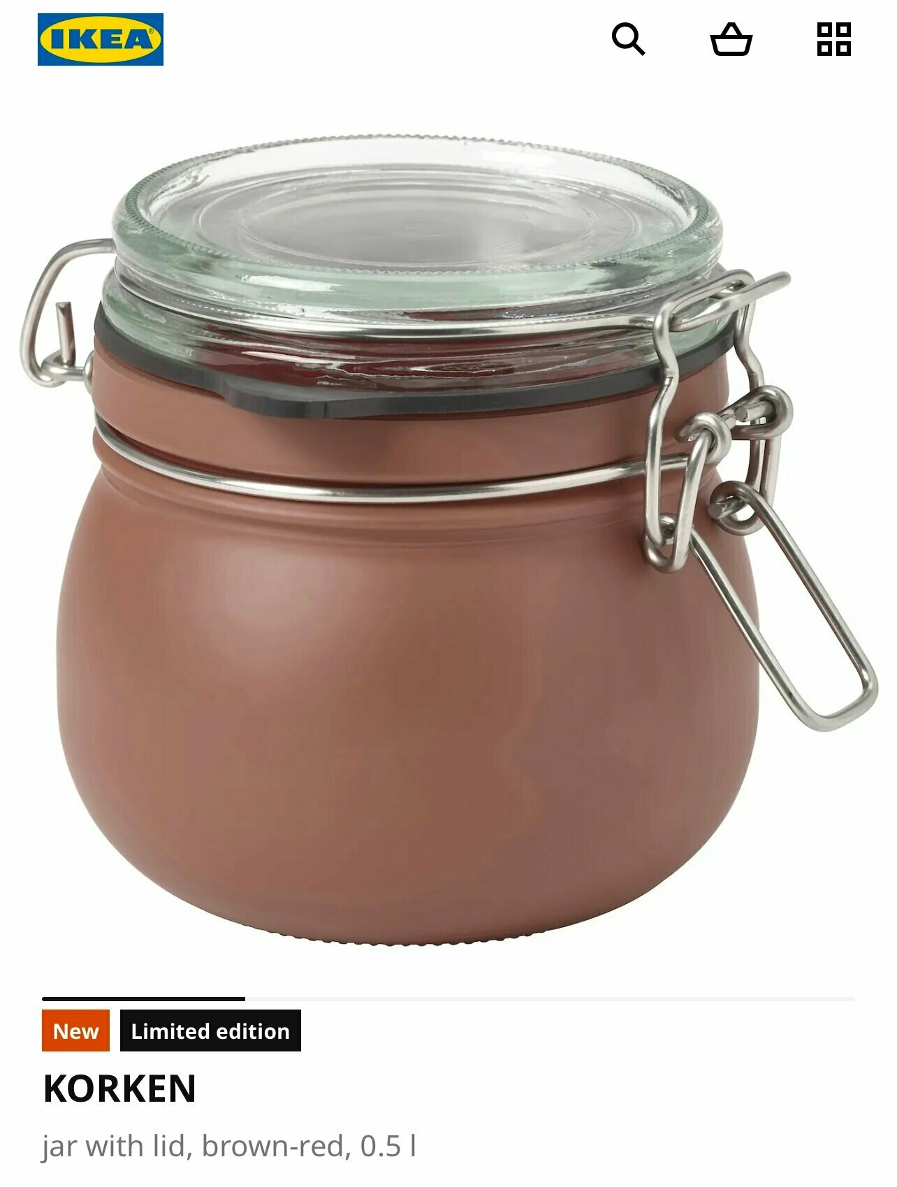 Банка с крышкой IKEA KORKEN , коричнево-красная, 0,5 л, стекло/металл