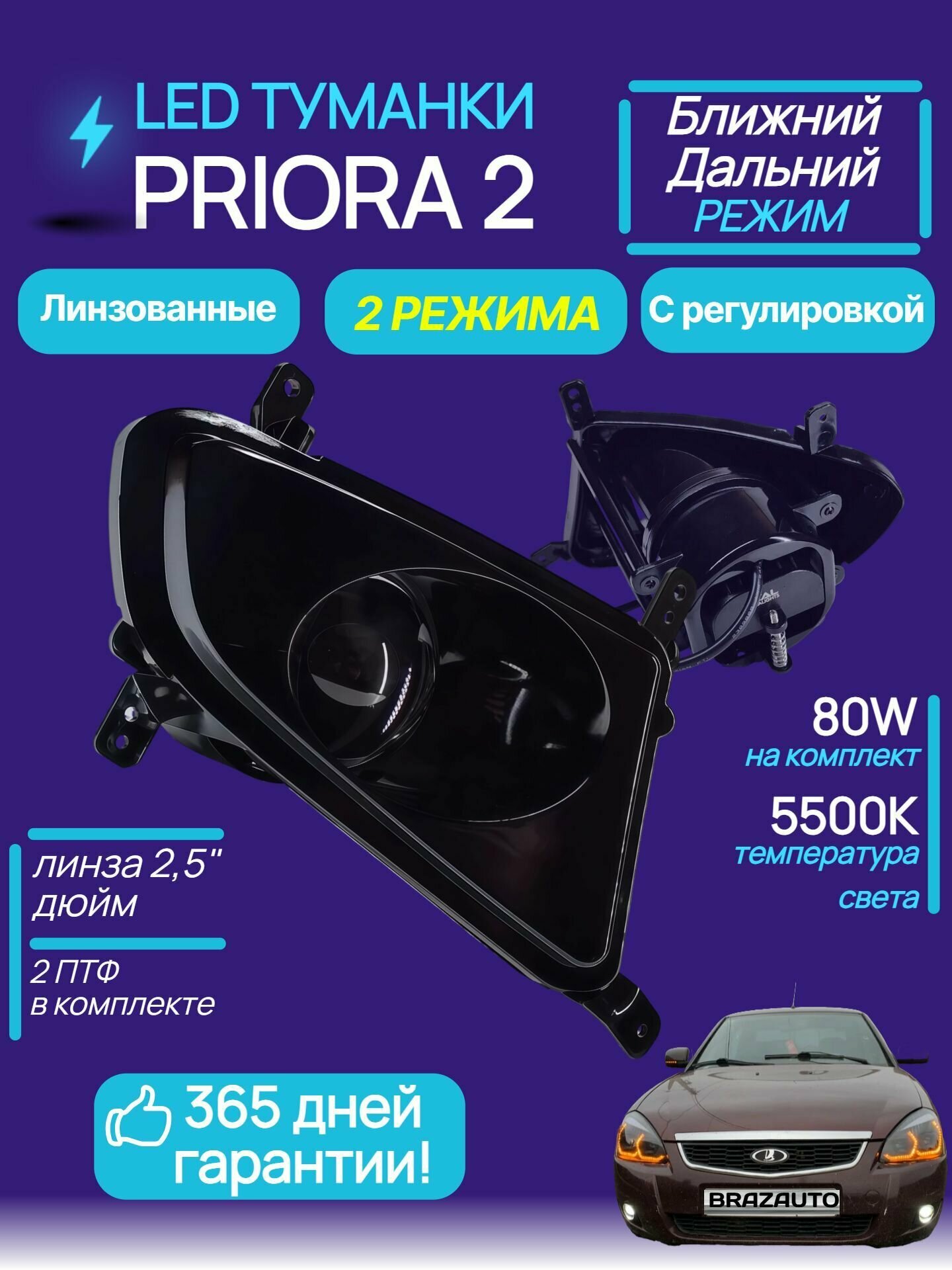 Противотуманные фары на Приора 2 линзованные двухрежимные 80W