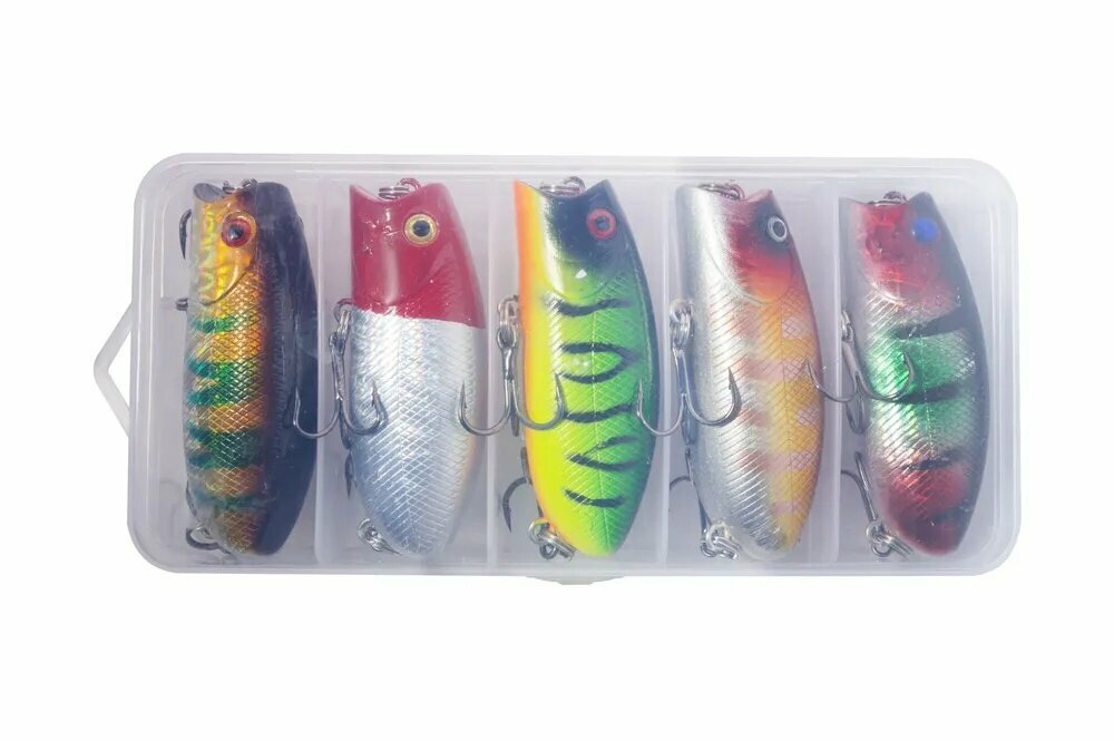 Воблер для рыбалки Malas поверхностный, набор попперов для спиннинга 5 шт в кейсе; 6см, 11 гр