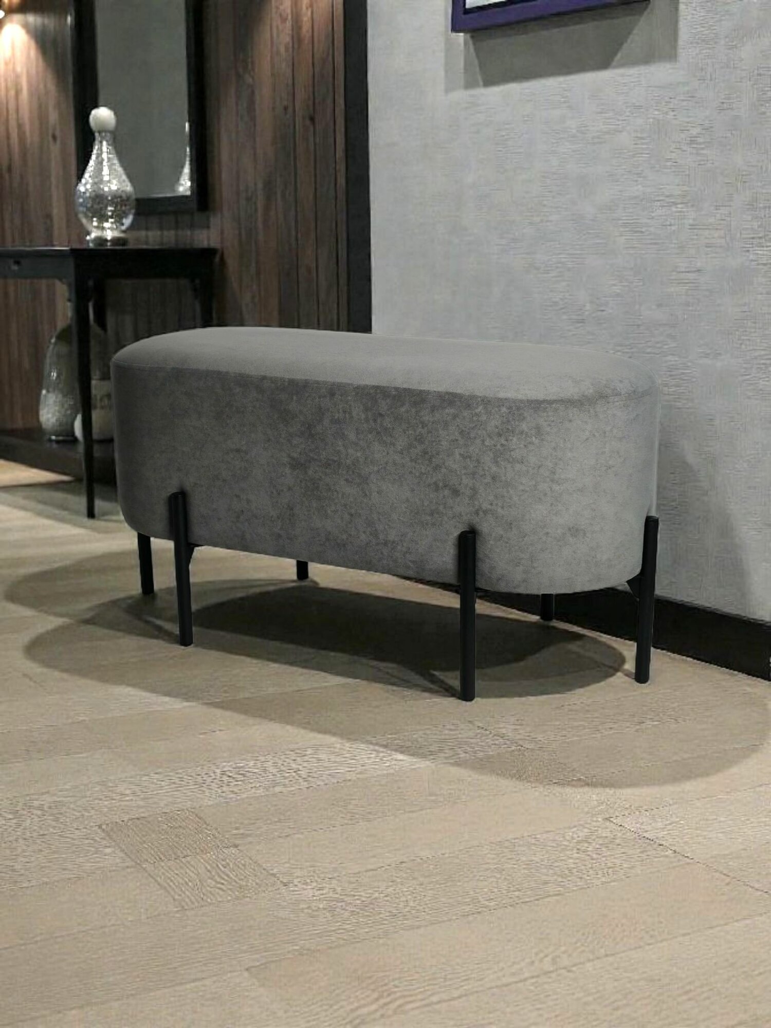 Банкетка для туалетного столика, пуф дизайнерский в гостиную, спальню с ножками с черным покрытием, овальный 78х42x32, серый