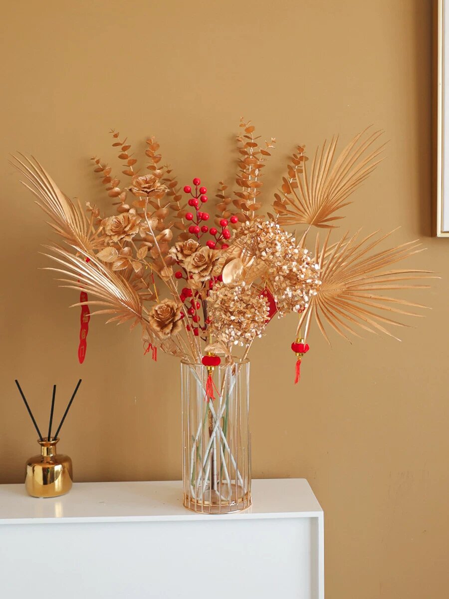 Свадебный зал Золотой искусственный цветок Пион Кленовый лист Роза Мак Новогоднее ведро благословения с цветком Листья